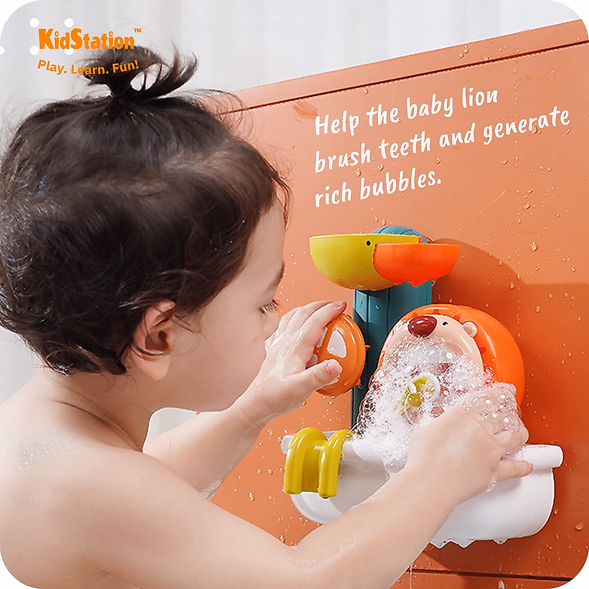 KidStation® - Baby Bath Toys for Toddlers 1-3, Kids 3-4 Years Old - Lion Bathtub Toys with Bubble Foam Maker + 3 Wind-Up Swimming Turtles - Gift Card Included for Christmas and Birthday