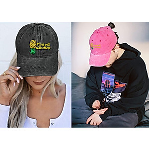 Embroidered Baseball Hat Plays Well with Others Caps Upside Down Pineapple Baseball Cap Adjustable Embroidery Denim Hats
