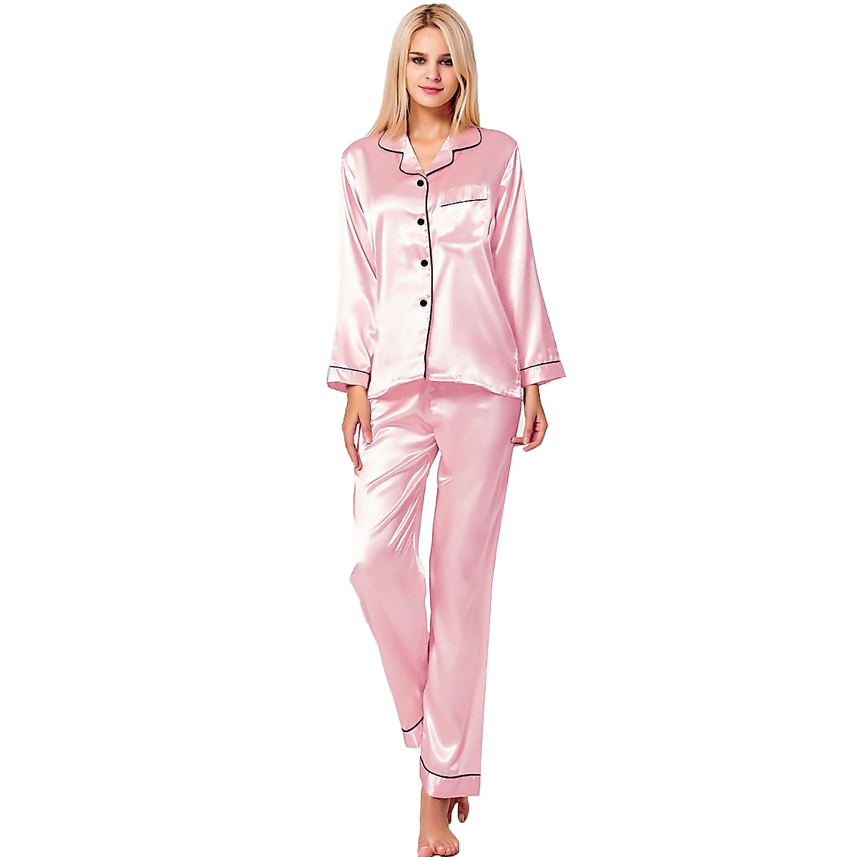 SWOMOG Womens Silk Satin Pajamas Long Sleeve Loungewear Two-piece Sleepwear Button-Down Pj Set Pink