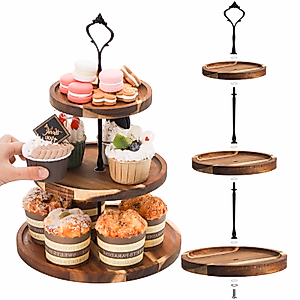 Elsjoy 3 Tier Cupcake Stand, Acacia Wood Dessert Serving Stand, Farmhouse Tiered Cake Stand Cupcake Tower for Wedding, Birthday, Tea Party, Black Crown