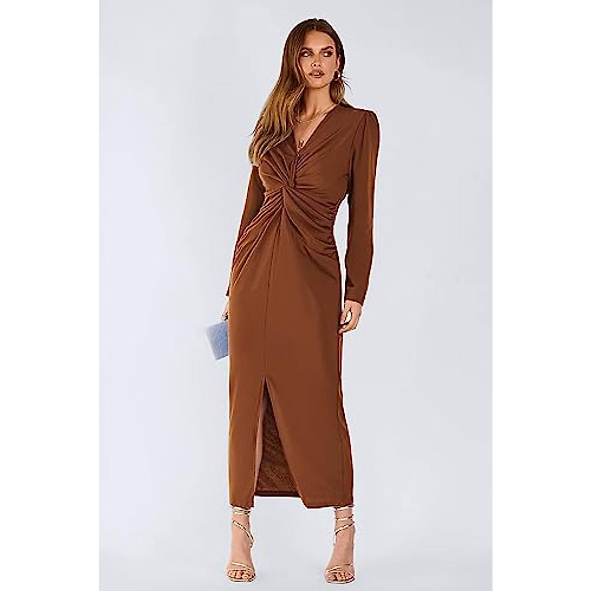 PRETTYGARDEN Women's Spring Fall Fashion Long Puff Sleeve Maxi Dresses V Neck Twist Front Formal Dress with Slit (Coffee,Large)