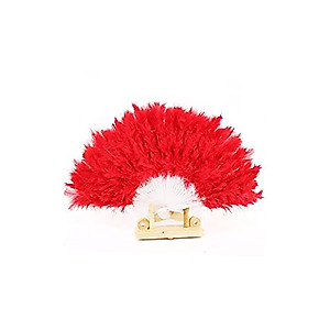 PHONME Multipurpose 1PC Nice Feather Fan for Dance Props Hand Goose Feather Folding Fan Wedding Handmade Fan Retro Feather Fan for Decoration Vintage Style (Color : Red)