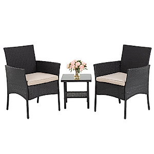 Ruesleag Patio Furniture 3 Pieces Outdoor Wicker Patio Furniture Conversation Set Patio Set Bistro Table Set for Backyard Porch Poolside Garden Balcony Lawn,Glass Coffee Table &RattanChairs Set,Black