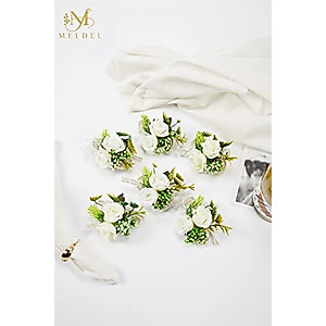 Meldel Ivory Rose Wrist Corsage Wristlet Band for Girls Women Bride Bridesmaid, Set of 6, White Hand Flower Wedding Artificial Flowers Accessories for Prom Party