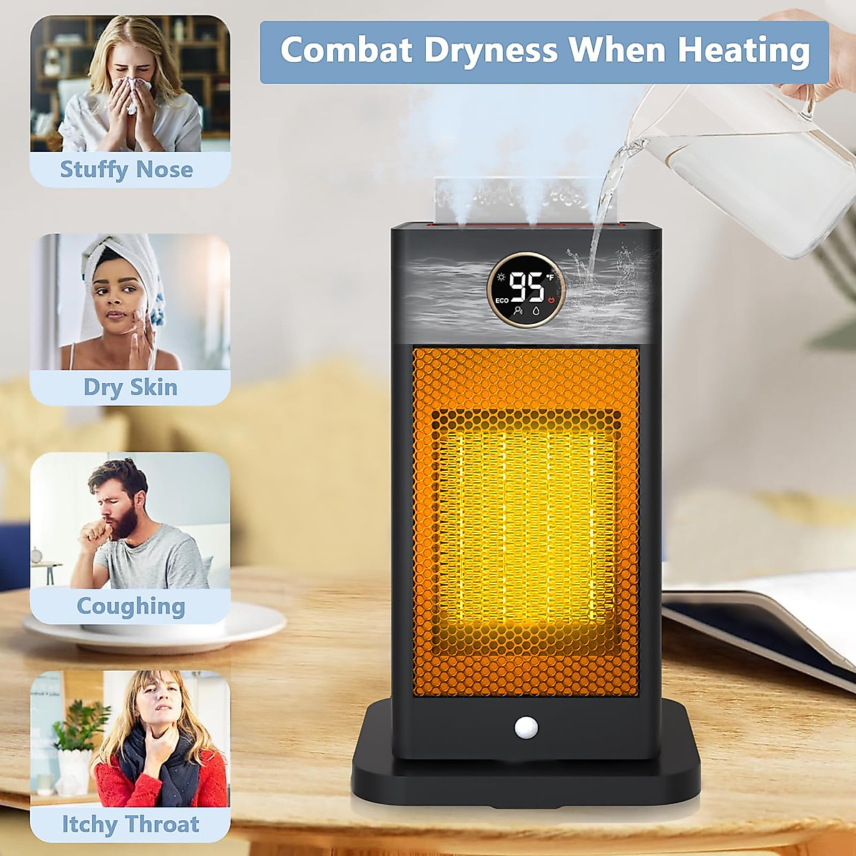 Space Heater with Humidifier, 3-in-1 Space Heaters for Indoor Use with Motion Sensor/3D Flame Effect,1500W Portable Heater for Office/Bedroom/Home/Room/Garage/Electric Heater with Thermostat/Oscillat