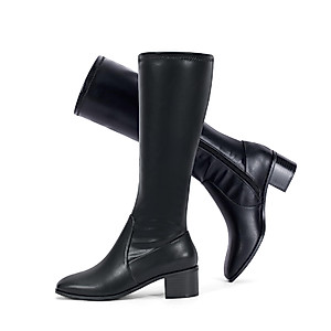 Elisabet Tang Knee High Boots for Women 2 inch Chunky Low Heel Boots Square Toe Side Zipper Fall Winter Comfort Boots Black Size 10