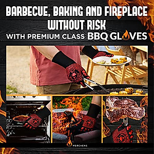 MERCHENS Oven Mitts - Insulated, Fireproof, Extreme Heat Resistant Silicone Grill Gloves That Take Barbecuing to New Heights - Extra Long Oven Mitts - Indoor & Outdoor Wear with Protective Case (Red)