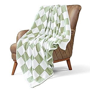 OTOSTAR Knit Checkered Throw Blanket Super Soft Warm Cozy Knitted Checkerboard Grid Chessboard Gingham Reversible Blanket Comfort Plush Fluffy Blanket for Couch Bed Sofa Travel 50x60 Inch (Sage Green)