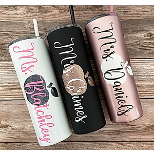 Glitter Apple Teacher's Personalized 20 oz Stainless Steel Skinny Tumbler with Custom Vinyl Decal by Avito - Includes Straw and Lid - Back to School Teacher's Gift, Best Teacher Ever