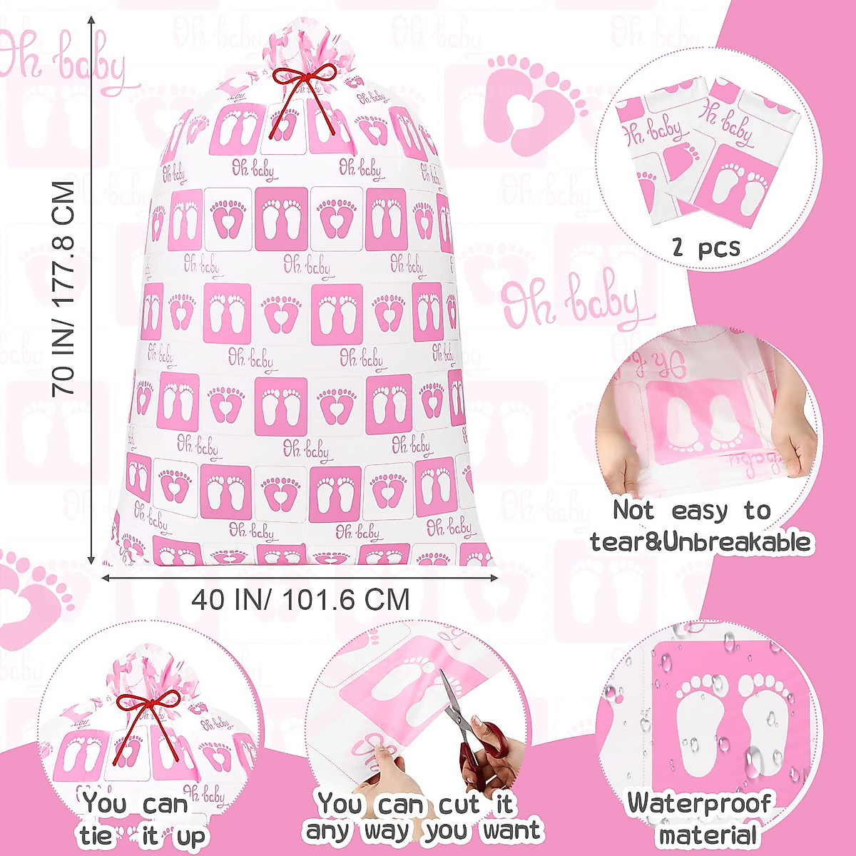 Leinuosen 2 Pcs Extra Large Gift Bags for Baby Shower Oversized Plastic Gaint Gift Bag with Ropes for Birthday Party Favors(Pink Feet)