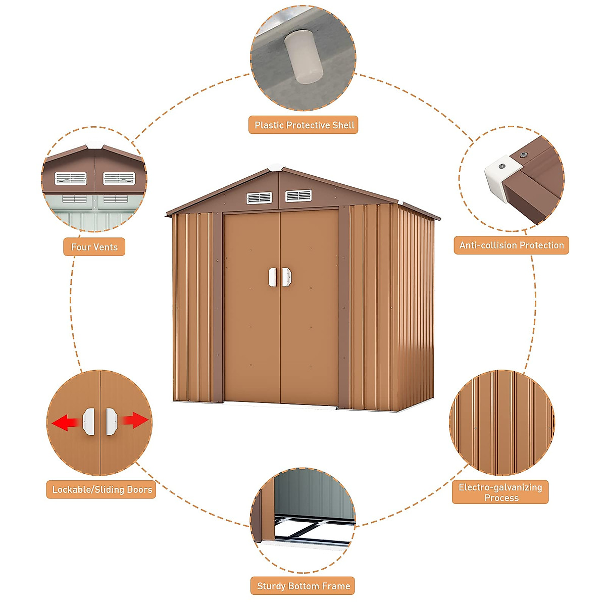 HOGYME 7' x 4.2' Metal Outdoor Storage Shed, Galvanized Steel Garden Shed & Outdoor Storage Suitable for Lawn Mower Bike, Backyard Tool Shed with Lockable/Sliding Door and Stable Base, 4 Vents, Coffee