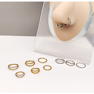 MeiziQL 3Pcs 18G Nose Ring Hoops Septum Rings 8mm 10mm Surgical Steel Double Hoop Nose Ring- Double Row Diamonds Hinged Segment Hoop , Stainless Steel, cubic zirconia