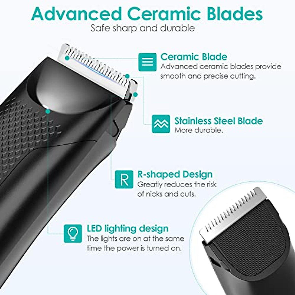 ATESON Men's Body Hair Trimmer, Electric Pubic & Groin Hair Trimmer with LED Light, Waterproof, Black