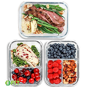 1 & 2 & 3 Compartment Glass Meal Prep Containers (3 Pack, 35 oz) - Glass Food Storage Containers with Lids, Glass Lunch Box, Glass Bento Box Lunch Containers, Portion Control, Airtight