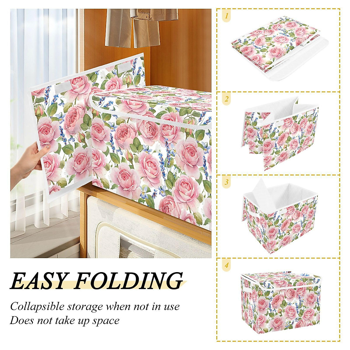 Sletend Storage Box Rose Flower Floral Closet Storage Bins with Lids, Foldable Oxford Fabric Storage Box for Home Bedroom Closet Office (16.5x12.6x11.8 in)
