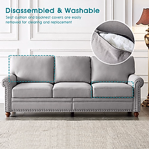 CALABASH 3 Seater Couch Sofa, Modern Upholstered Sofa with Classic Nails & Seat Cushion Backrest Removable for Living Room, Bedroom, Apartment, 83Inch(Grey Fabric)