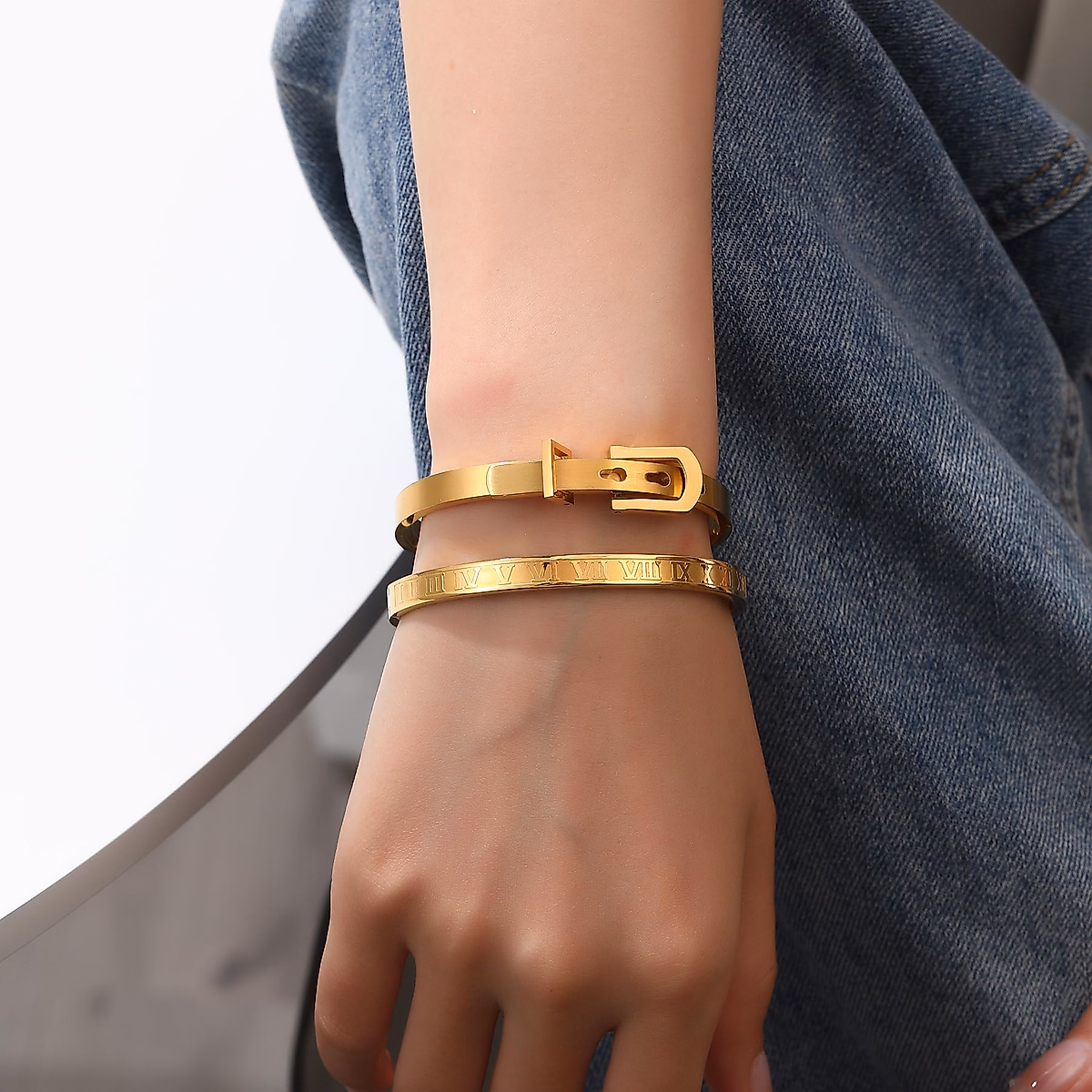 MAOCEN Women's Stainless Steel Bracelet Gold Plated Cuff Bangle With Cube Zircon Hinge Jewelry oval Bangle Witness the Gift of Love (6mm Glod 2pcs-A)