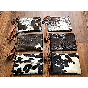Real Cowhide Handbag Wristlet Clutch Purse Wallet Black Brown Leather Lined Double Sided 8.5"x5.5"