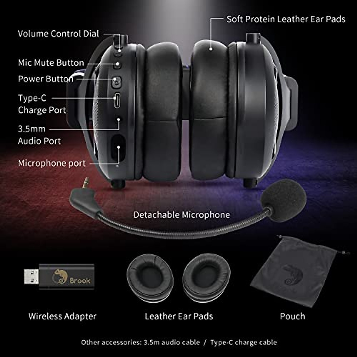 Brook 2.4GHz Wireless Headset - Cross-Platform Wireless Gaming Headset for PS5, PS4, PC, Mac, Android, and Switch, Low Latency (with Extra Earpads)