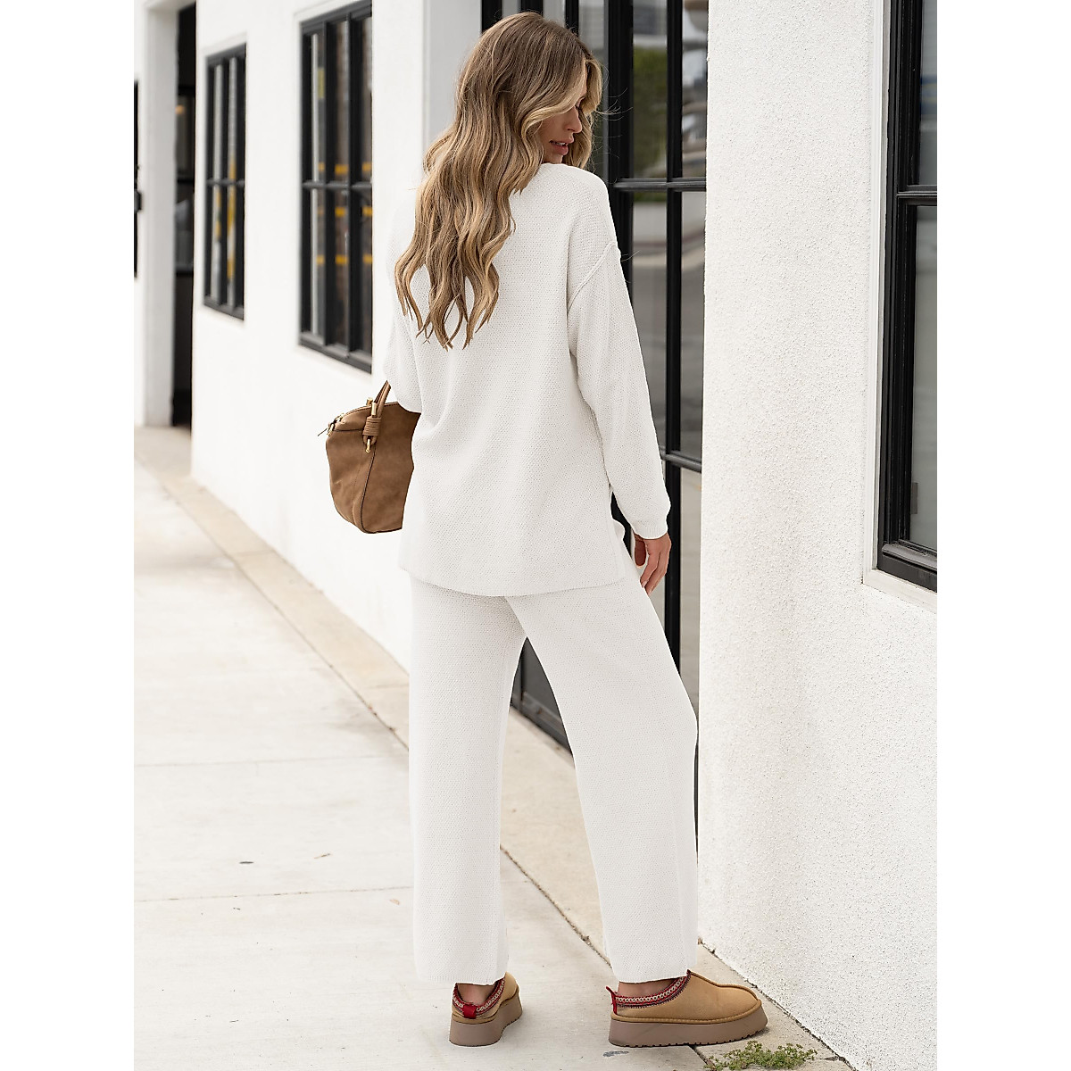 ANRABESS Women 2 Piece Outfits Oversized Loose Waffle Knit Sweater Set 2025 Fall Trendy Matching Lounge Sets Cozy Clothes white Large