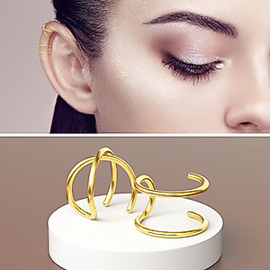 PAGOW 4x Fake Helix Ear Cuff Cartilage Earring No Piercing Earcuff, 925 Sterling Silver,14K Simple Criss Cross Double Lines Adjustable Minimalist Women Men Clip On adornment Gifts 2 styles (GOLD)