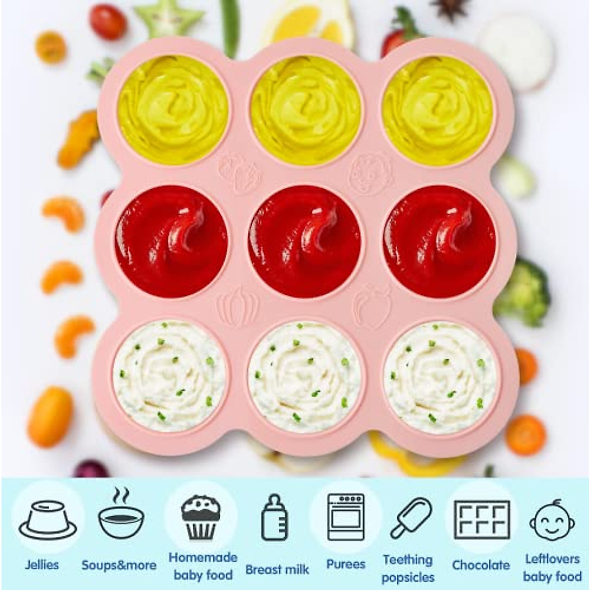 Wellrise 3 Pack Baby Food Storage Containers with Lid and Spoon Reusable Silicone Baby Food Freezer Tray 9 Cup 2.6 oz Stackable Mold Baby Feeding Set for Food Vegetable Fruit Puree and Breastmilk