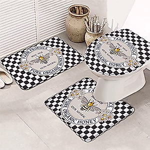 Bathroom Rugs Mat Sets 3 Piece, Black and White Checkered Bath Shower Rugs with U-Shaped Contour Toilet Mat, Insert Bee Vintage Floral Non Slip Absorbent Bathtub Runner Rugs Floor Mats
