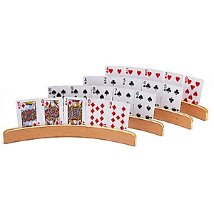 AMEROUS Wooden Playing Card Holders for Kids Seniors Adults, Long Enough Curved Wood Tray Rack Organizer for Card Game (Set of 4)
