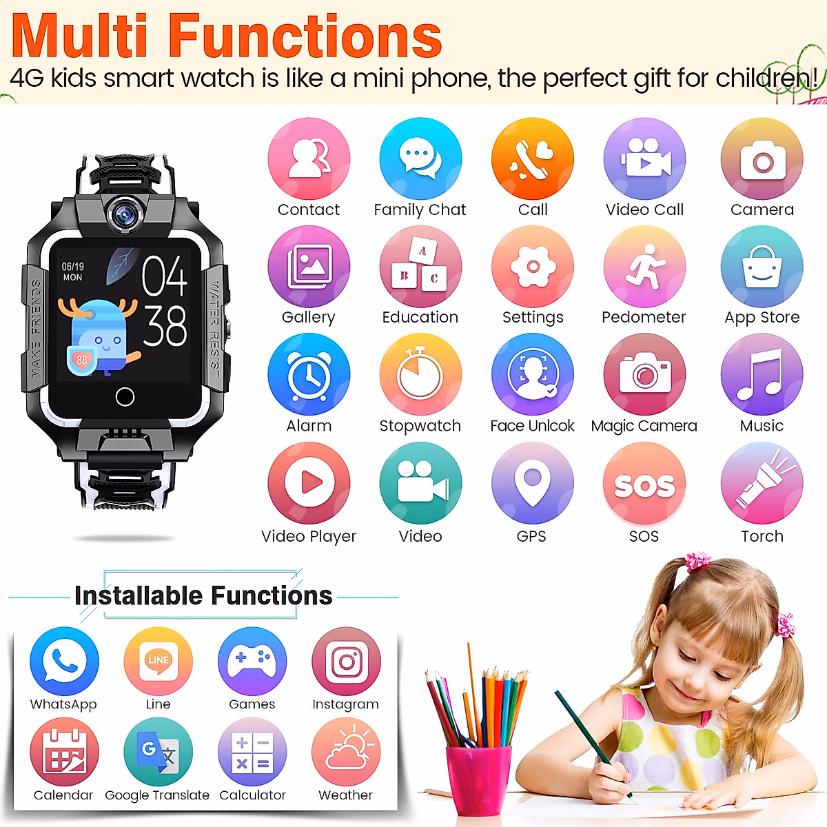 4G Smart Watch for Kids, Phone Watch with GPS Tracker,Camera Watch with 3-Way Call Video Chat Pedometer,SOS,1.4" Touch Screen WiFi Toddler Wrist Watch Boys Girls Smartphone for 3-15 Years Old Child