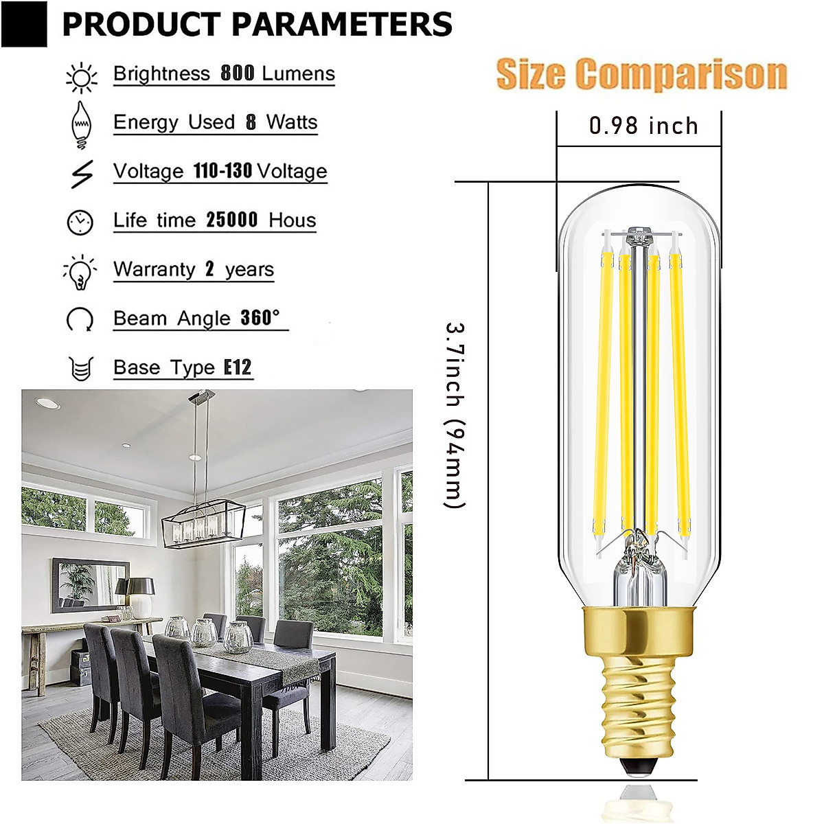 E12 LED Dimmable 8W Equal 100 watt Daylight 4000K T6 T25 E12 Candelabra Bulb for Chandeliers,Ceiling Fan,Pendant,Wall sconces AC120V 800LM e12 Light Bulb 6Pack