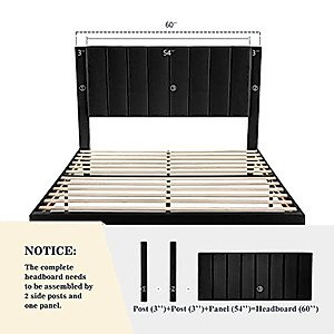 Allewie Queen Bed Frame/Velvet Upholstered Bed Frame with Vertical Channel Tufted Headboard/Strong Wooden Slats/Platform Bed Frame/Mattress Foundation/Box Spring Optional/Easy Assembly/Black…