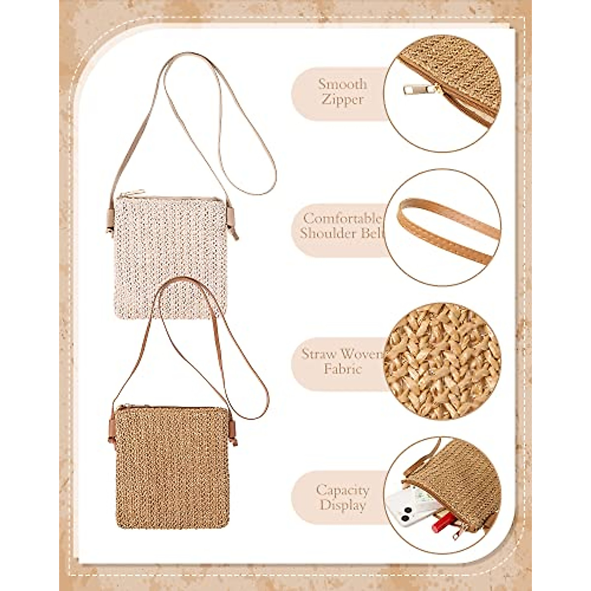 Sweetude 2 Pcs Straw Beach Bag for Women Summer Woven Straw Purse Cute Shoulder Straw Clutch Small Women's Crossbody Handbags for Women Girl Vacation