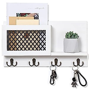 Key and Mail Holder for Wall Decorative - Rustic Mail Organizer Wall Mount, Wooden Letter Sorter Organizer with 4 Key Rack Hooks for Hallway Kitchen Farmhouse Decor (16.5” x 9.1” x 3.4”) (White)