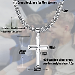 SAILIMUE 925 Sterling Silver Cross Necklace for Men Women with Stainless Steel Diamond Cut Cuban Link Curb Chain Beveled Edge Crucifix Pendant Necklace Cross Jewelry 18 Inches