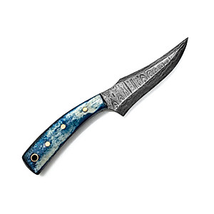 Titan International Knives 7.2" Damascus Hunting Skinning Knife 1095 High Carbon Steel Fixed Blade and Blue Dyed Bone Handle with Leather Sheath Perfect for Survival Camping and Outdoor Activities
