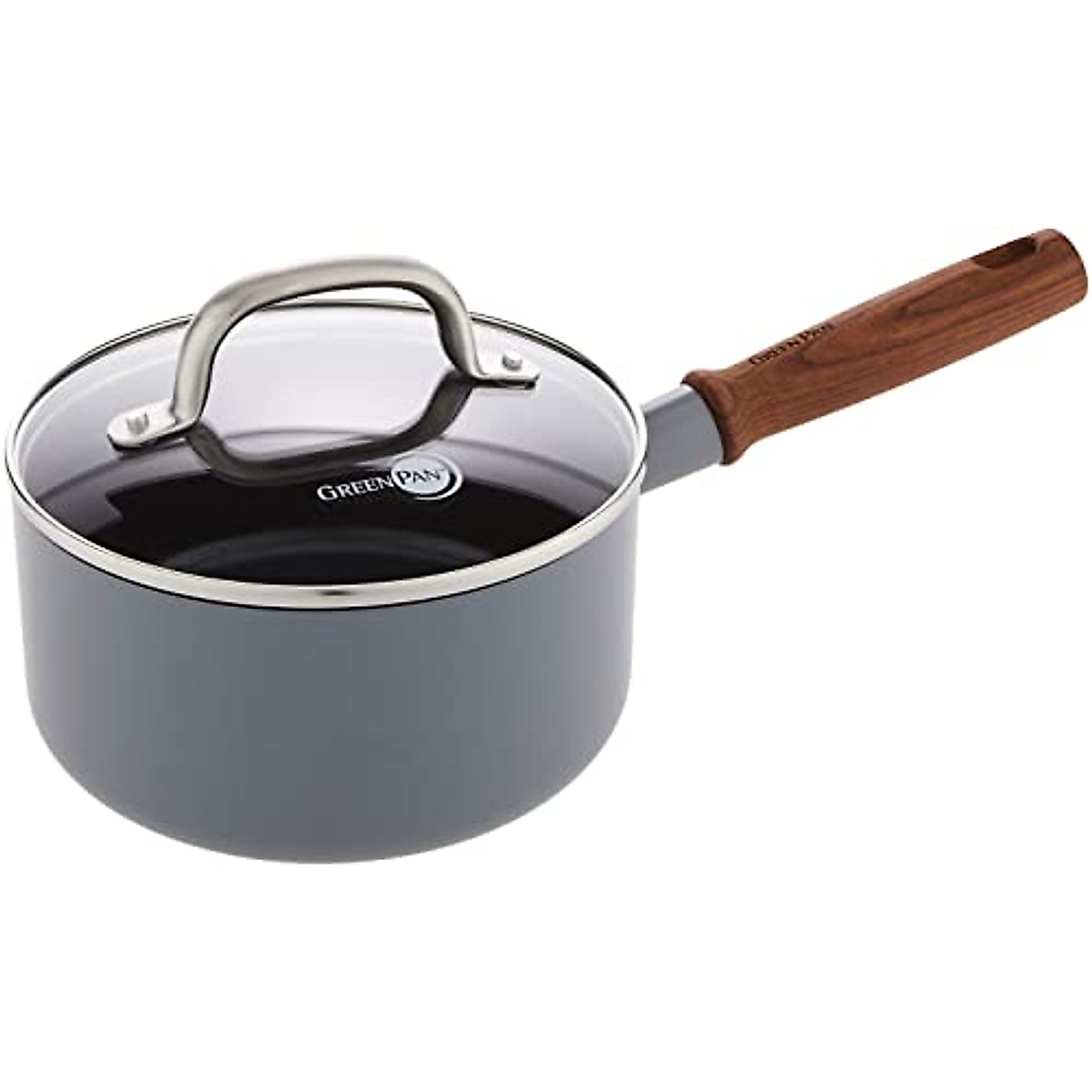 GreenPan Mayflower Pro Hard Anodized Healthy Ceramic Nonstick, 2QT Saucepan Pot with Lid, Vintage Wood Handle, PFAS-Free, Induction, Charcoal Gray