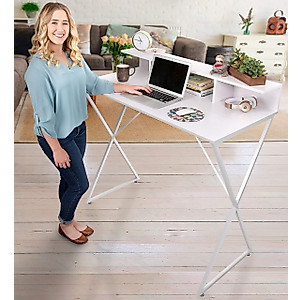 Stand Steady Joy Standing Desk | Pretty Standing Desk with Shelf & Built-in Storage Cubbies | Modern Stand Up Workstation | Tall Desk & Reception Table for Home, Dorm & Office (White / 48in x 42in)