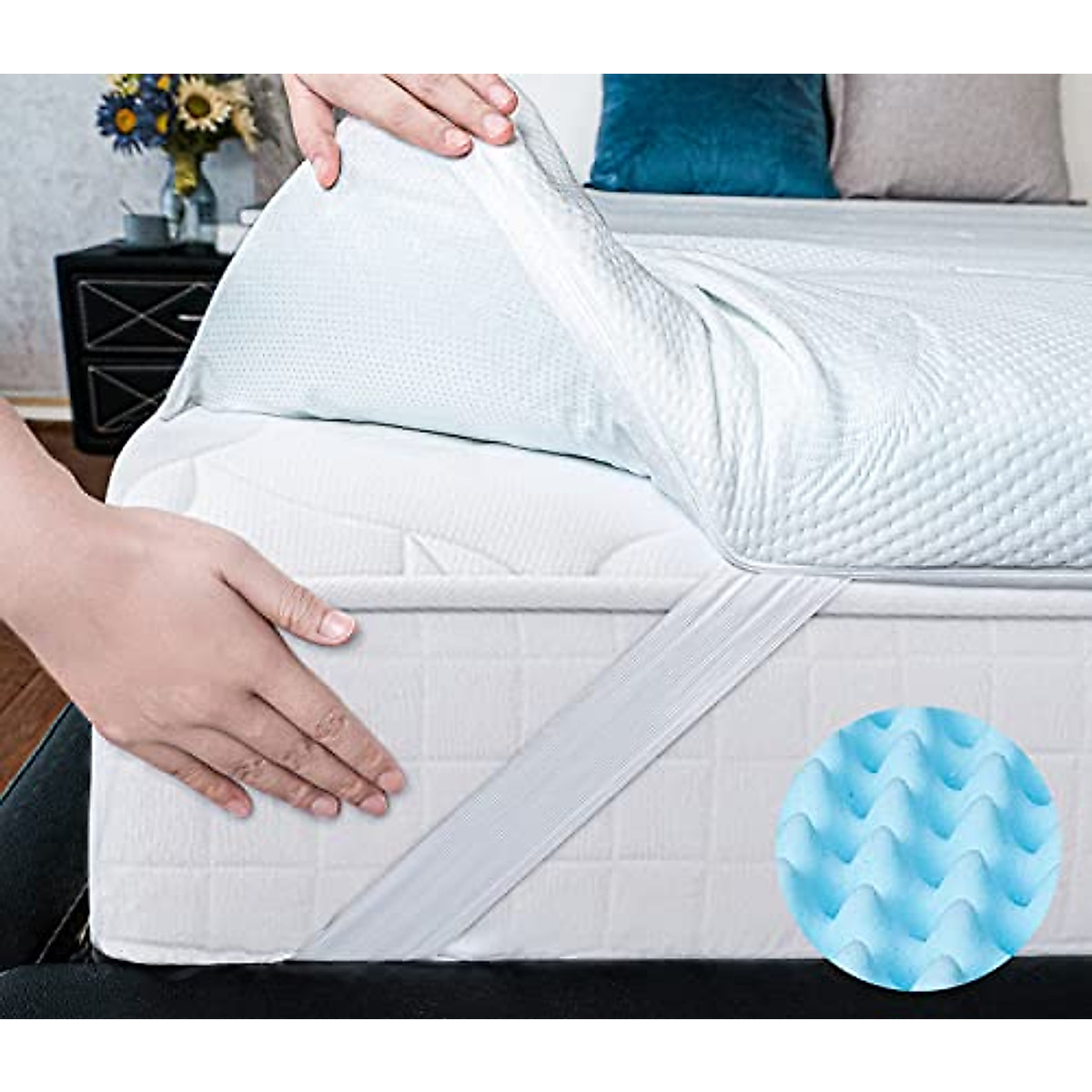 Marine Moon Over 3 Inch Queen Mattress Topper Down Alternative Pillow Top Bed Topper & Queen Cooling Gel Memory Foam Mattress Topper 3 Inch with Cover