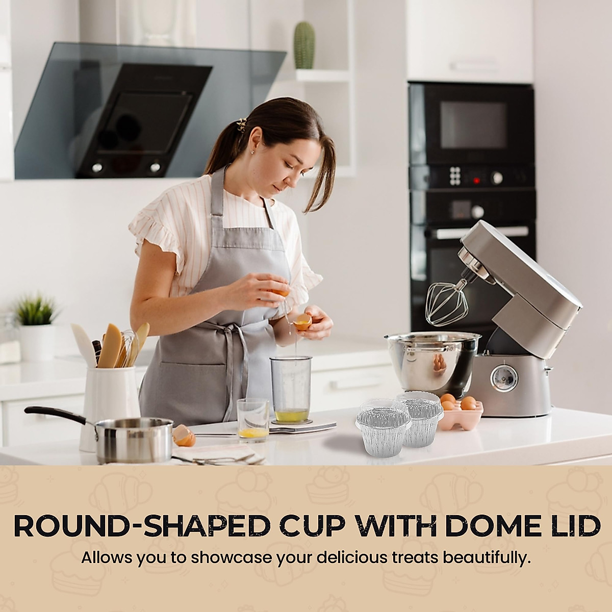 KitchenDance Disposable Aluminum Baking Cake Cup with Dome Lid - 7 Ounces Round Dessert Cups for Cakes, Muffin Cups - Aluminum Foil Baking Cup Perfect for Baking, Preparing Food, 1210P, 50 Count