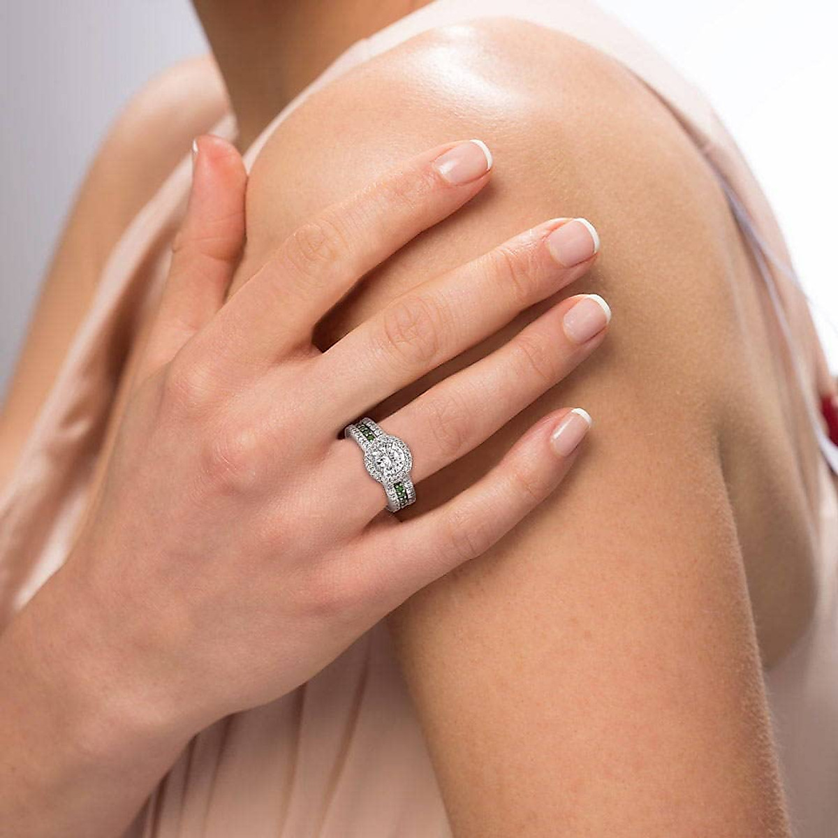 BERRICLE Sterling Silver Halo Wedding Engagement Rings Round Cubic Zirconia CZ Insert Ring Set for Women, Rhodium Plated Size 8