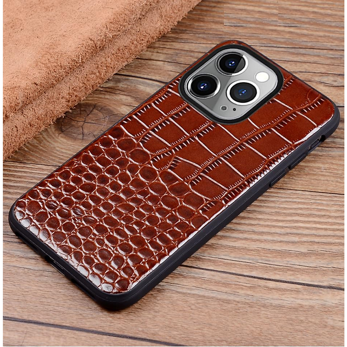 for iPhone 15 Pro Max Genuine Leather Case Luxury Design Cute Slim Crocodile Pattern Shiny Bling Glitter Fancy Back Cover for Women Girls Man Phone Skin,Brown
