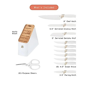 12 Piece Knife Block Set with Soft-Grip Ergonomic Handles White and Gold by Drew Barrymore
