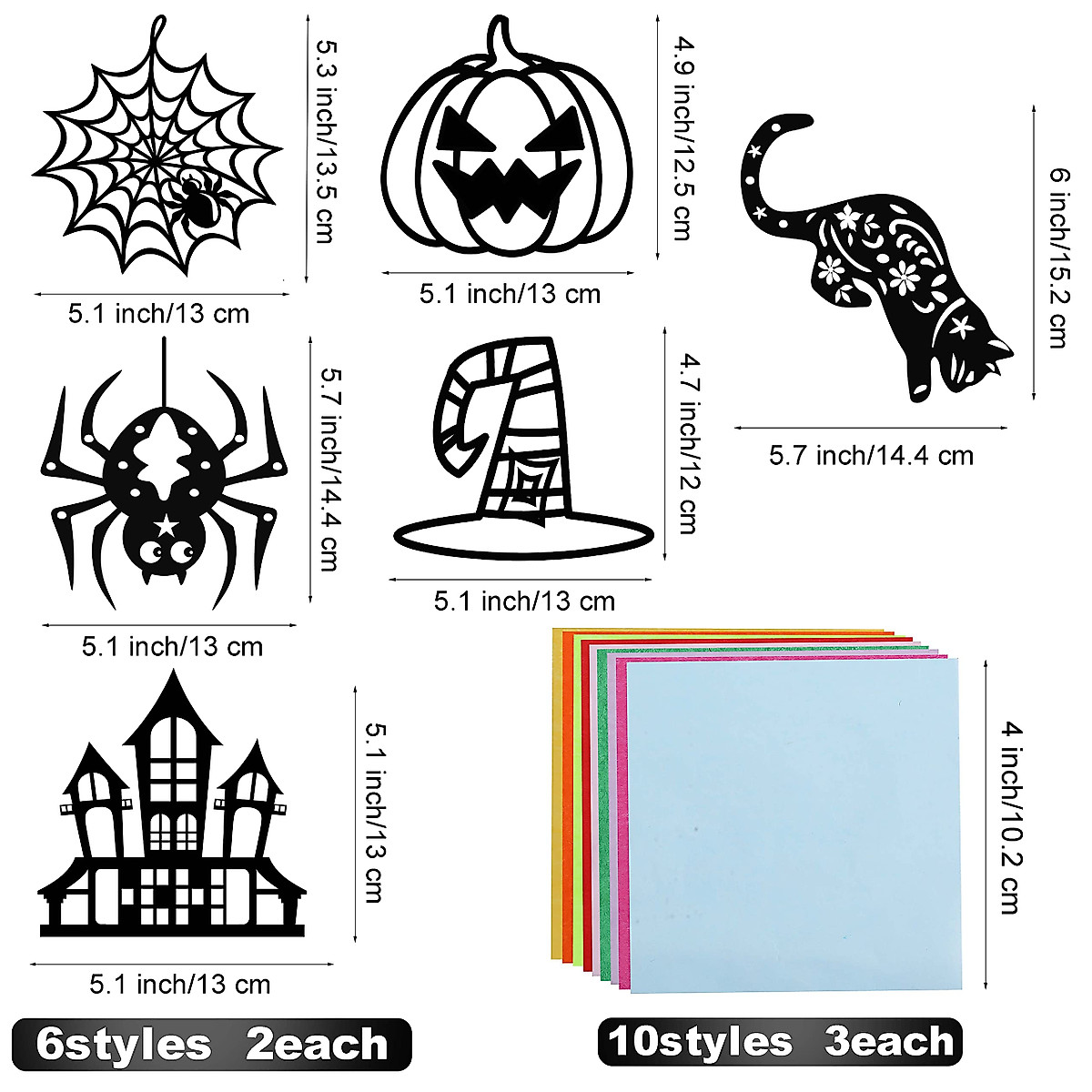 Outus 12 Pieces Halloween Stained Glass Effect Paper Double-Sided Black Suncatcher Kit Pumpkin Suncatchers Craft with 30 Pieces Colored Paper for Window Classroom Art Craft Party Favors, 6 Styles