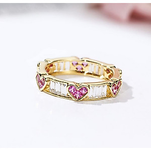 HUKQBUNX 18K Gold Peach Heart Wreath Ring Amethyst CZ Square Crystal Zircon Diamond Ring Women's Precious Fashion Wedding Engagement Couple Ring Size 6-10 (Size 7)