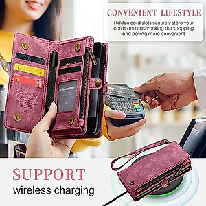 phone flip case Wallet Case Compatible with Samsung Galaxy Z Fold 5,2 in 1 Detachable Premium Leather Magnetic Zipper Pouch Wristlet Flip Phone Case,Matte Soft Leather+TPU Bottom Shell Case W Card Hol