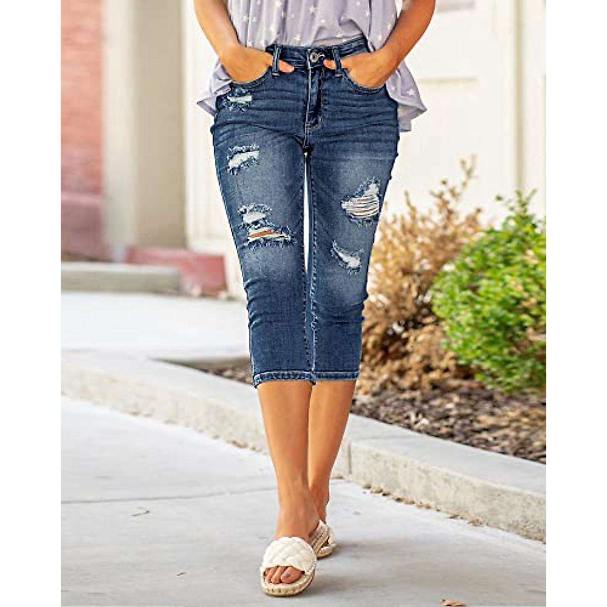 Utyful High Waisted Skinny Capri Jeans for Women Ripped Jean Capris Denim Pants Cobalt Night Blue Large