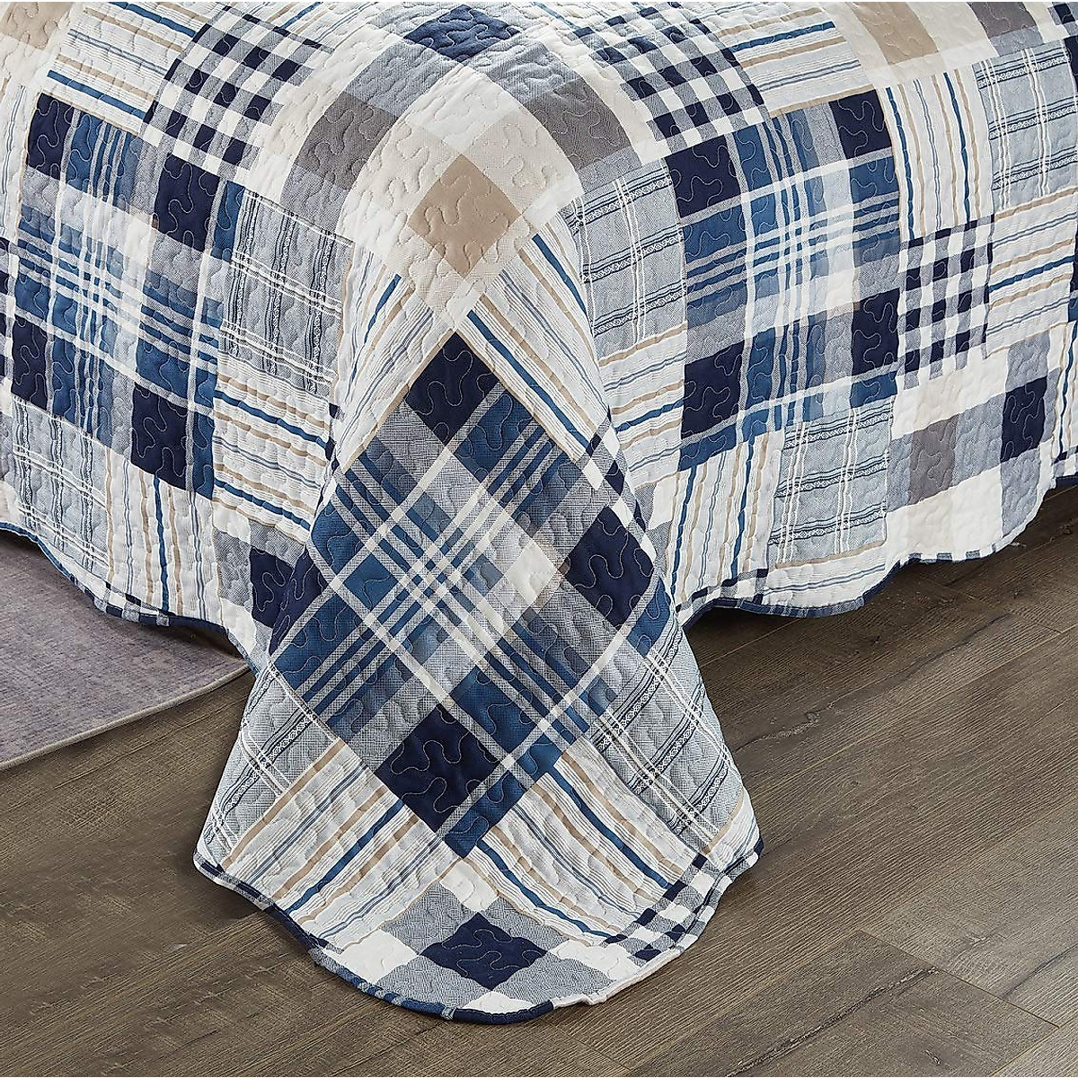 Brilliant Sunshine Plaids and Stripes Quilt Set, 2-Piece Bedding Sets with 1 Sham, Patchwork Design, Washable and Reversible Bedspread, Soft Lightweight Coverlet, All-Season, Twin/Twin XL, Blue