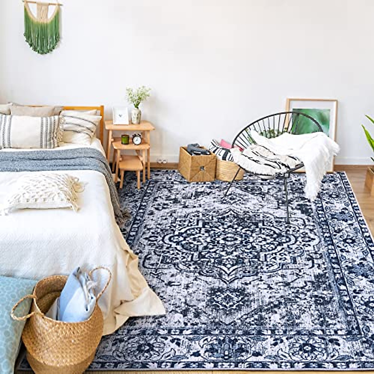 YJ.GWL Boho Area Rug 4x6, Persian Washable Bedroom Rug, Soft Oriental Distressed Accent Rugs for Living Room Dining Room, Non-Slip Non-Shedding Low-Pile Entryway Rug Floor Carpet, Blue