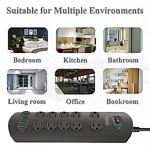 Power Strip, T-SIDAKE Socket, with 10 AC Power Outlets, 3 USB 3.0 Ports and a USB C Port, 6 Feet Extension Cord (1875W/15A), is a Necessity for Offices, Homes, and Dormitories. (Black)