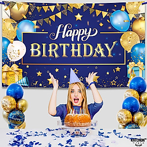 KatchOn, XtraLarge Gold and Blue Happy Birthday Banner - 72x44 Inch | Happy Birthday Backdrop for Men | Blue and Gold Birthday Backdrop for Happy Birthday Decorations | Blue Birthday Banner for Men